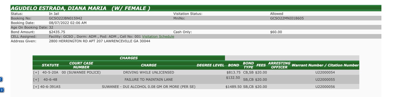 Open records request sent August 7, 2022 Gwinnett County jail Re: Diana Maria Agudelo Estrada ...